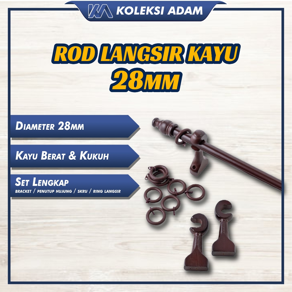 Rod Langsir Kayu 28mm | Set lengkap (Bracket + Skru) | Mahogany / Black ...