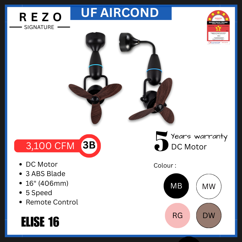 REZO CEILING FAN SIGNSATURE SERIES ELISE 16,DC MOTOR, 3 ABS BLADE, 16 ...