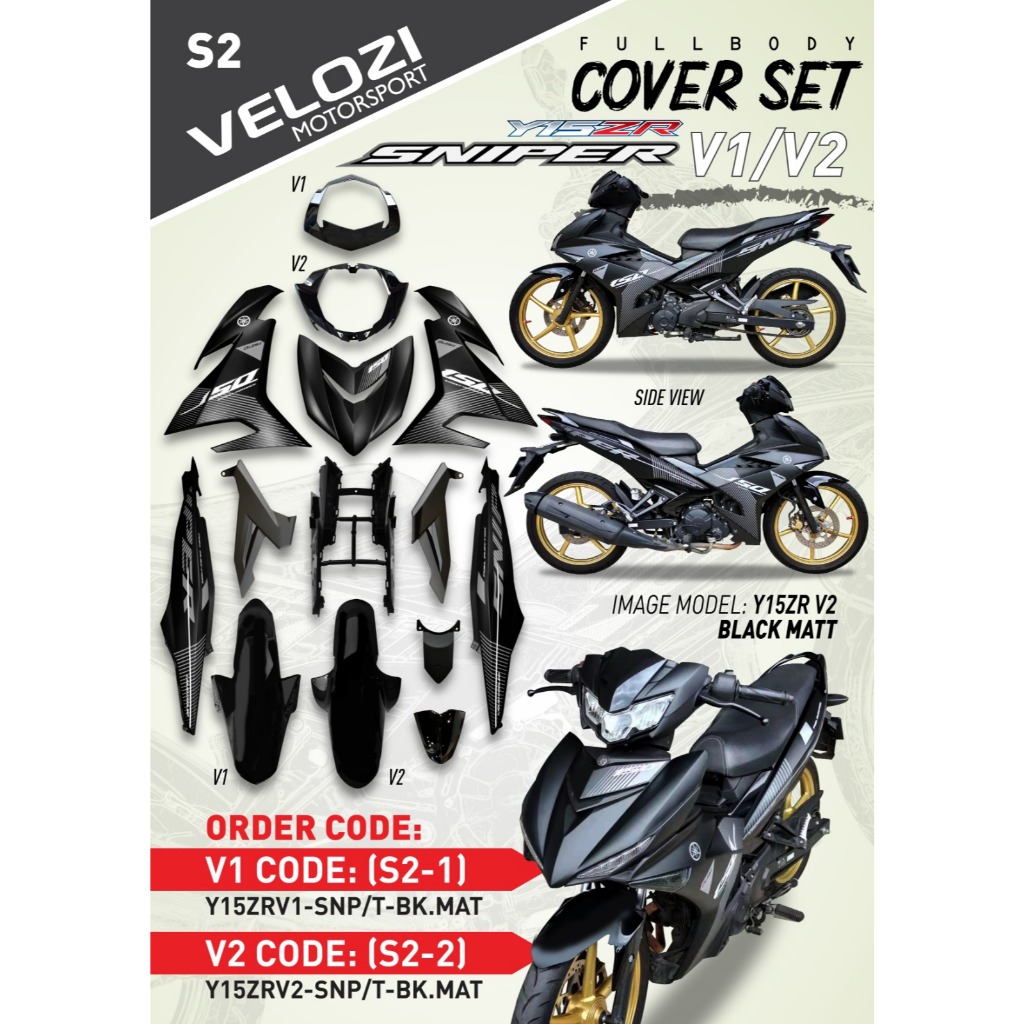 COVERSET YAMAHA Y15 Y15ZR V1 V2 SNIPER BLACK MATT / SNIPER BLACK TITAN MATT MT2 HITAM VERSION ...