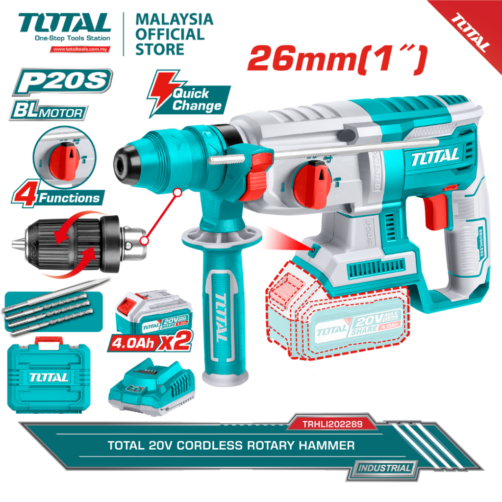 Total P20S 20V Li-Ion Brushless Rotary Hammer - Trhli202289/Trhli20228 ...