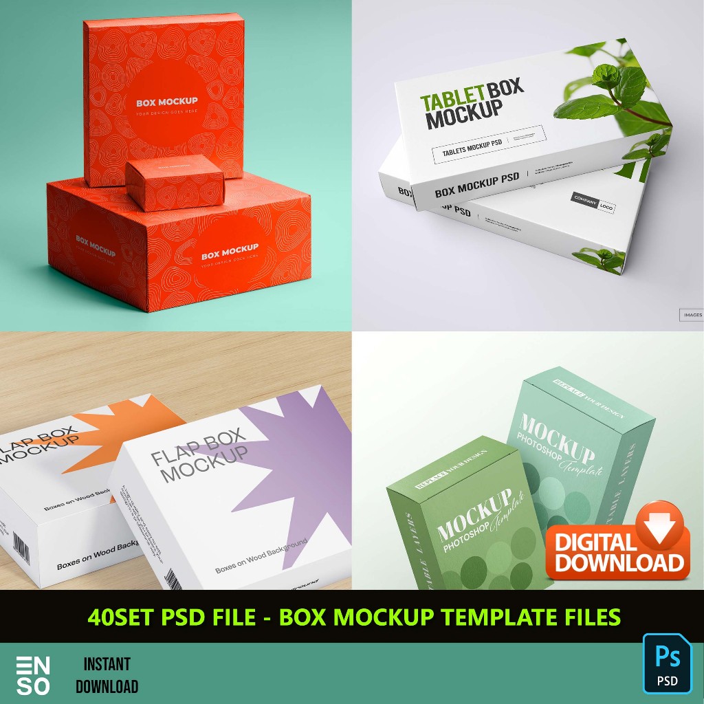 40Set PSD File - Box Mockup Design Template | Photoshop Mockup | Kotak ...