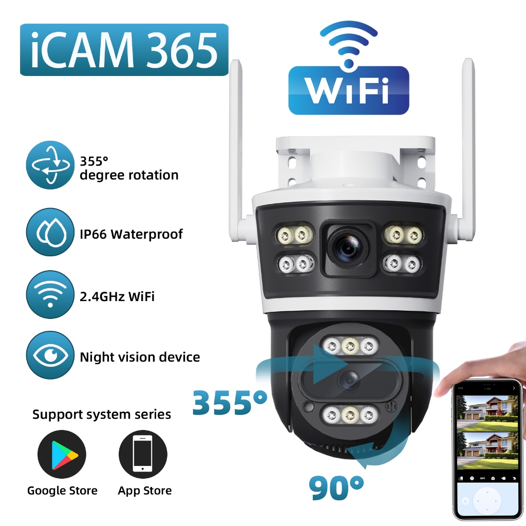 icam365 CCTV Dual lens CCTV 8MP waterproof IP camera WiFi 360 degree ...