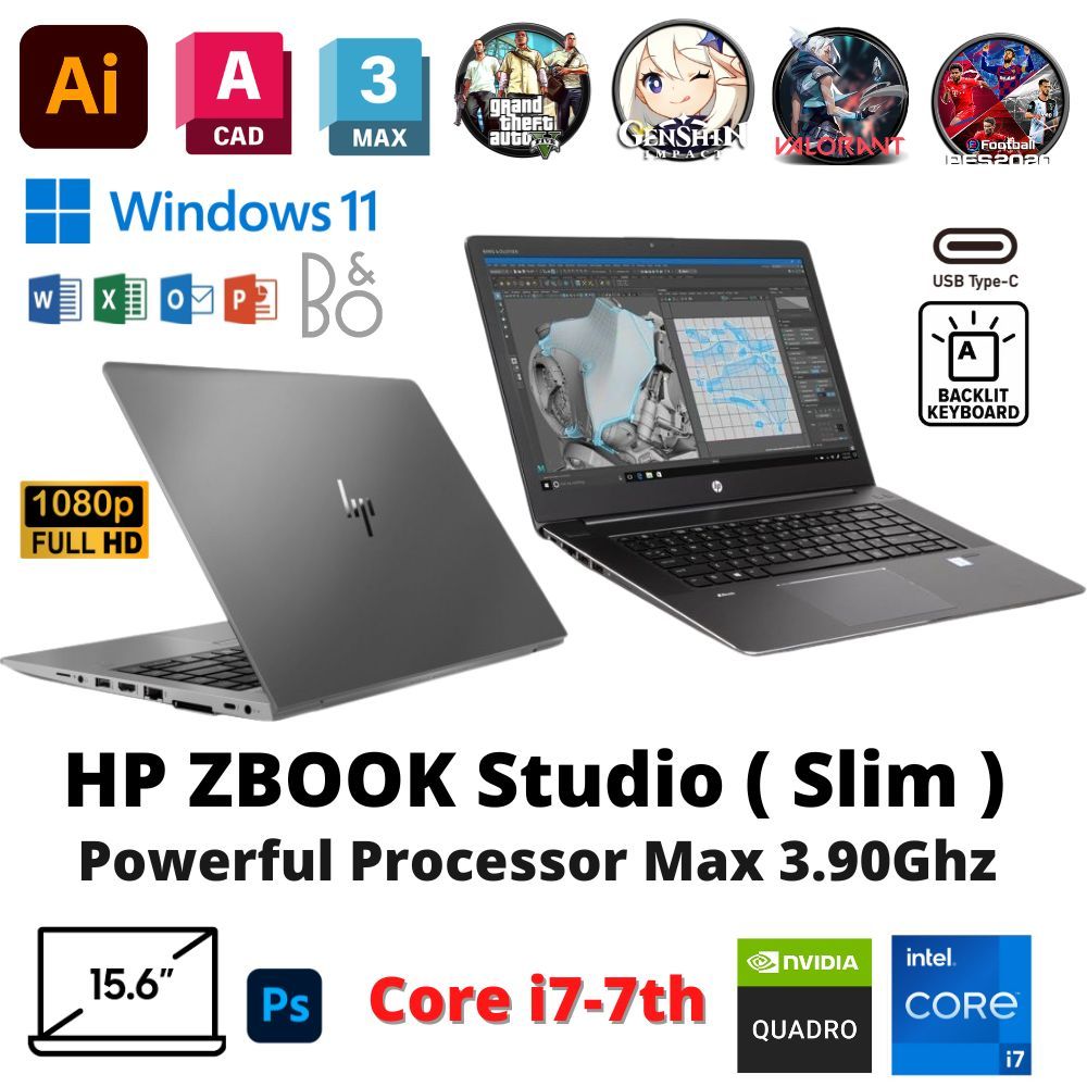 HP SLIM ZBOOK STUDIO INTEL CORE I7-7TH 3.90GHz NVIDIA 4GB GRAPHICS CARD ...