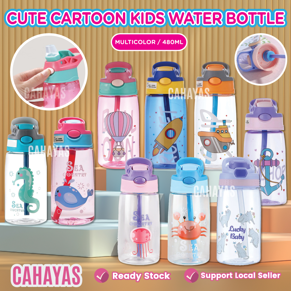 [M'sia Ready Stock] 480ml Cartoon Kids Water Bottle with Straw Botol ...
