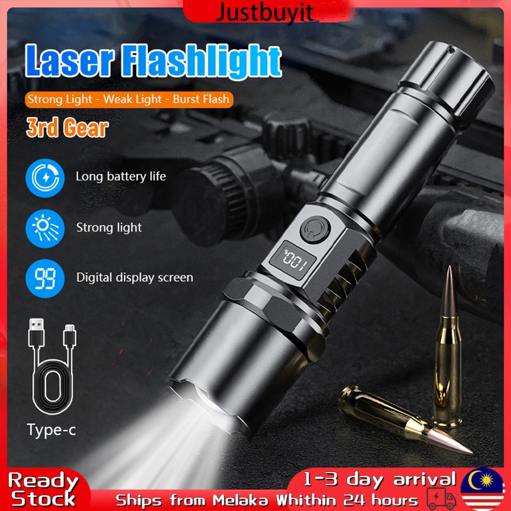 Super Bright Laser Flashlight Zoomable with Power Display USB Rechargeable torch light Torch ...