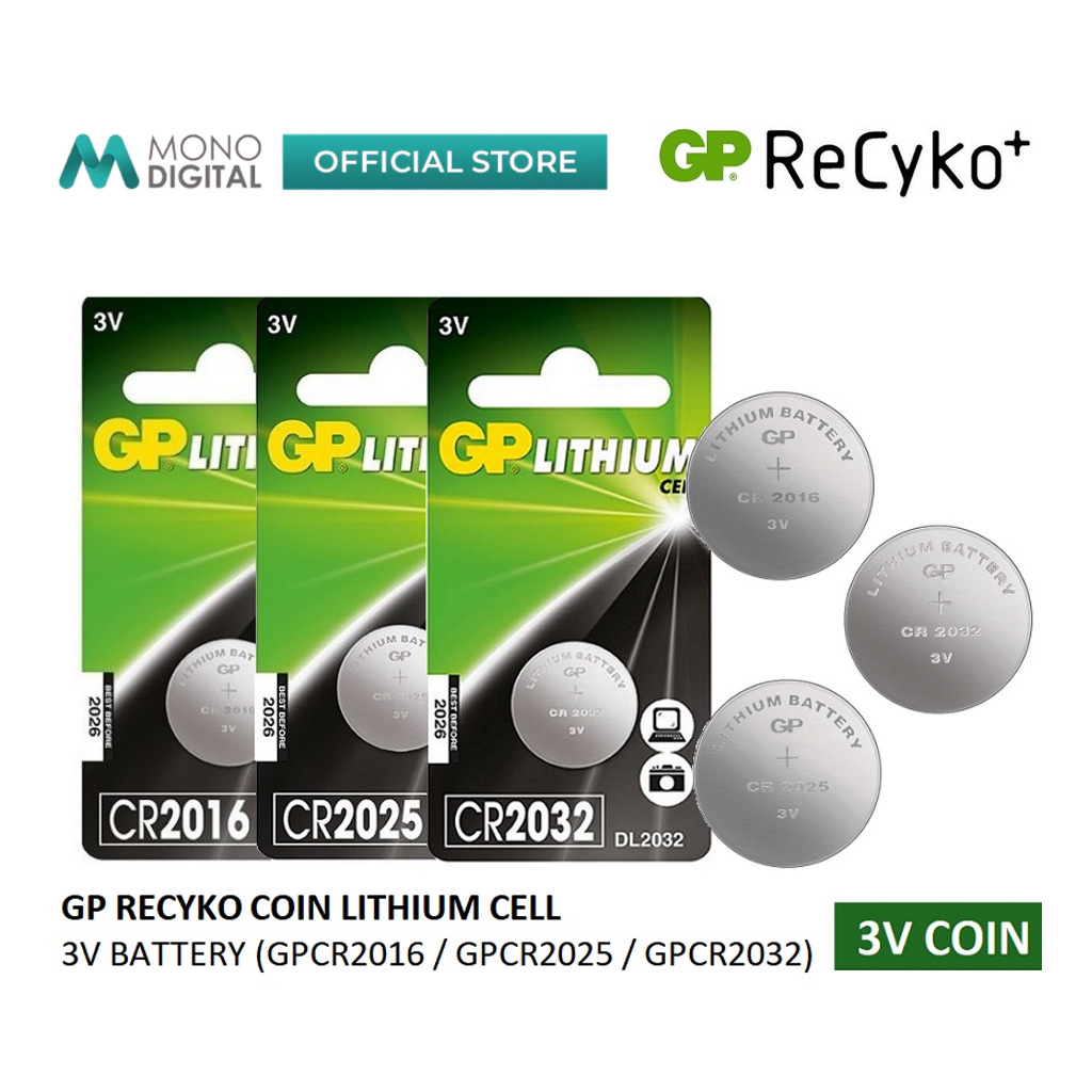 GP RECYKO CR2016, CR2025, CR2032 , CR2430 , CR2450 , CR1220 COIN LITHIUM CELL BATTERY 3V FOR CAR ...