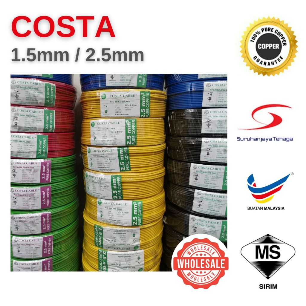 [SIRIM] Costa Cable Electric 1.5mm & 2.5mm, 100% Full Pure Copper ...