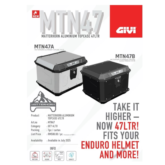 GIVI BOX MTN47 TREKKER MATTERHORN 47 LITER MONOLOCK ALUMINIUM TOP CASE ...