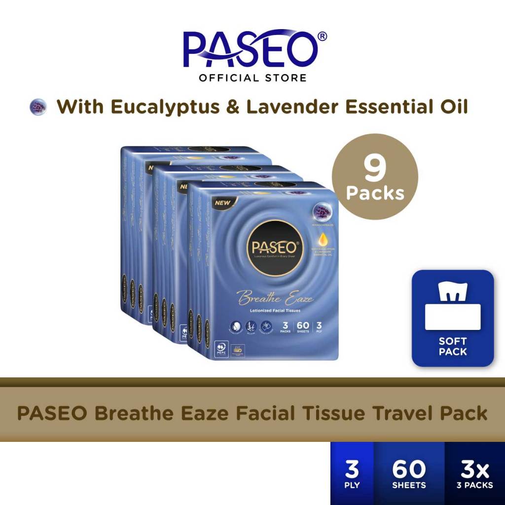 [Bundle of 3] Paseo Breathe Eaze Facial Tissue Travel Pack (60 Sheets x ...