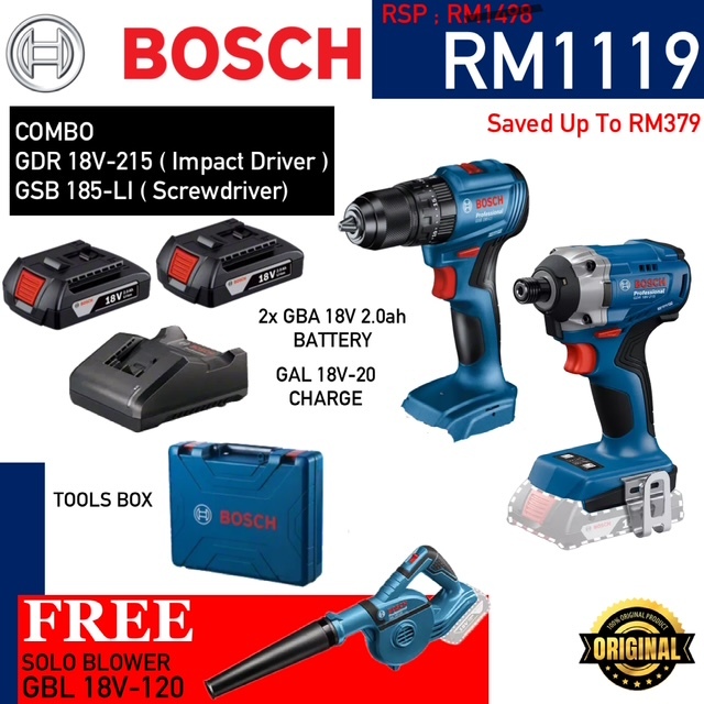 BOSCH COMBO GDR 18V-215 IMPACT DRIVER GSB 185-LI SCREWDRIVER 18V 2.0AH ...
