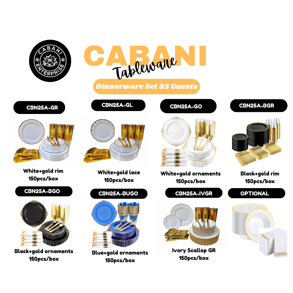 Plastic Tableware Set White/Black with Gold rim for 25 Guests 150Pcs ...