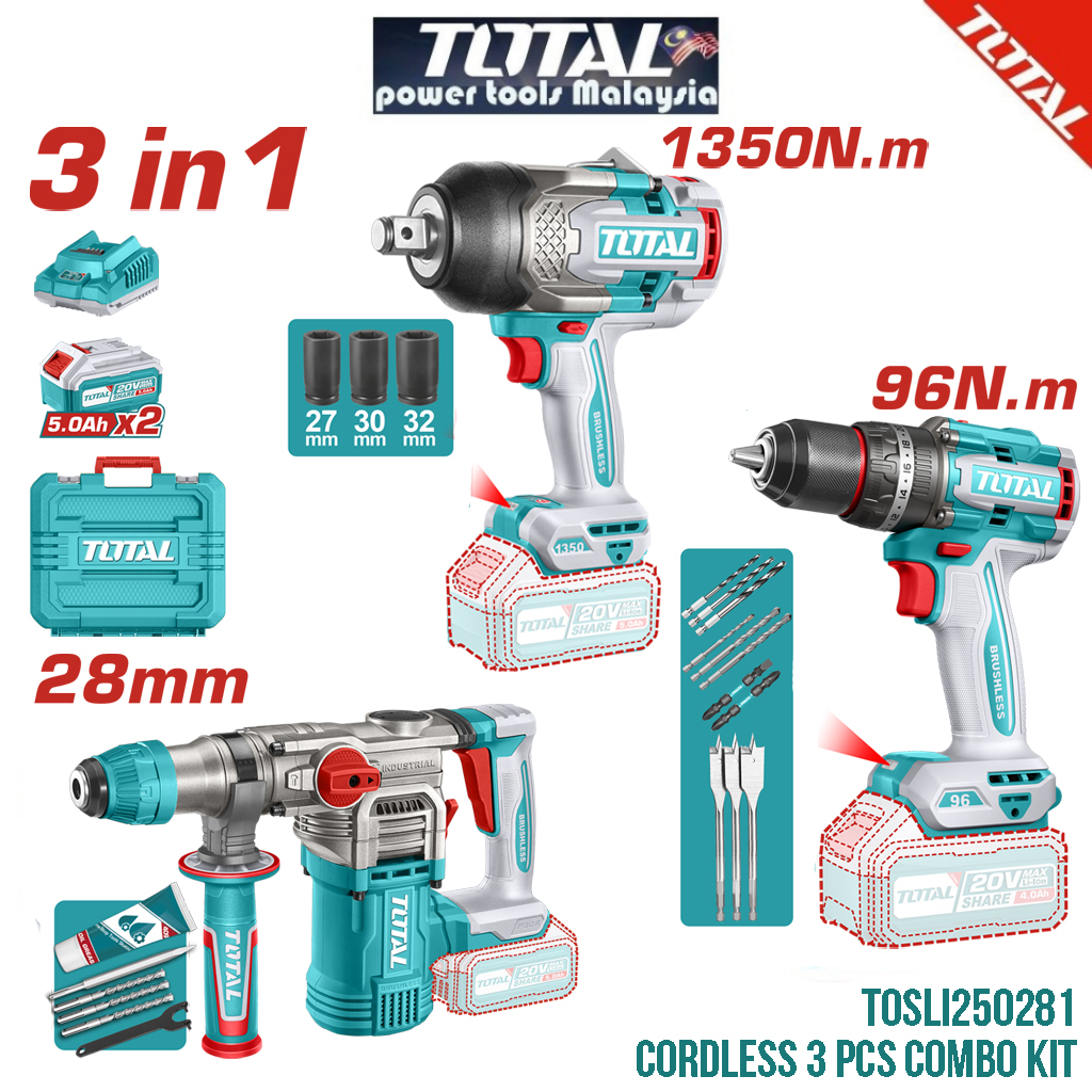 Total Cordless Limited 3pcs Combo Set with Hammer Drill (28mm) + Impact ...