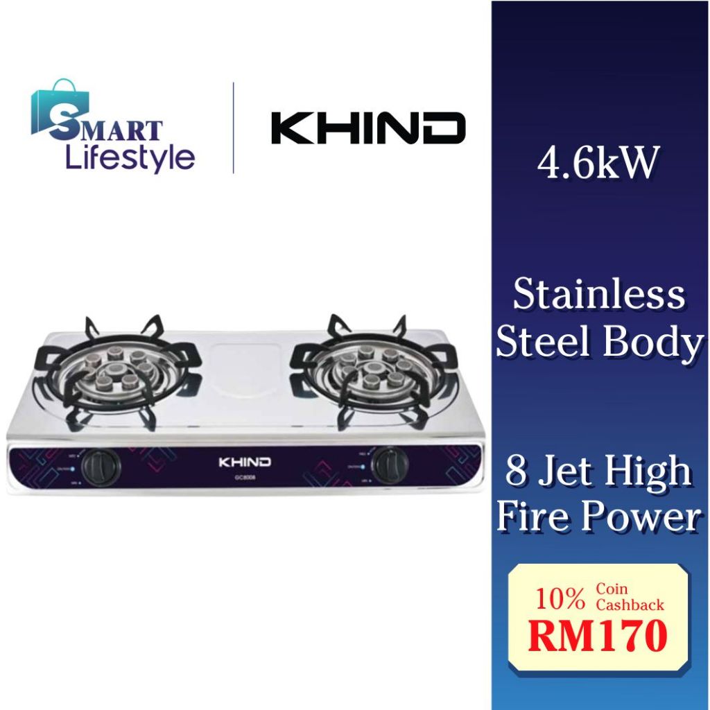 KHIND 4.6KW DOUBLE BURNER STAINLESS STEEL GAS STOVE GC8008 | Shopee ...
