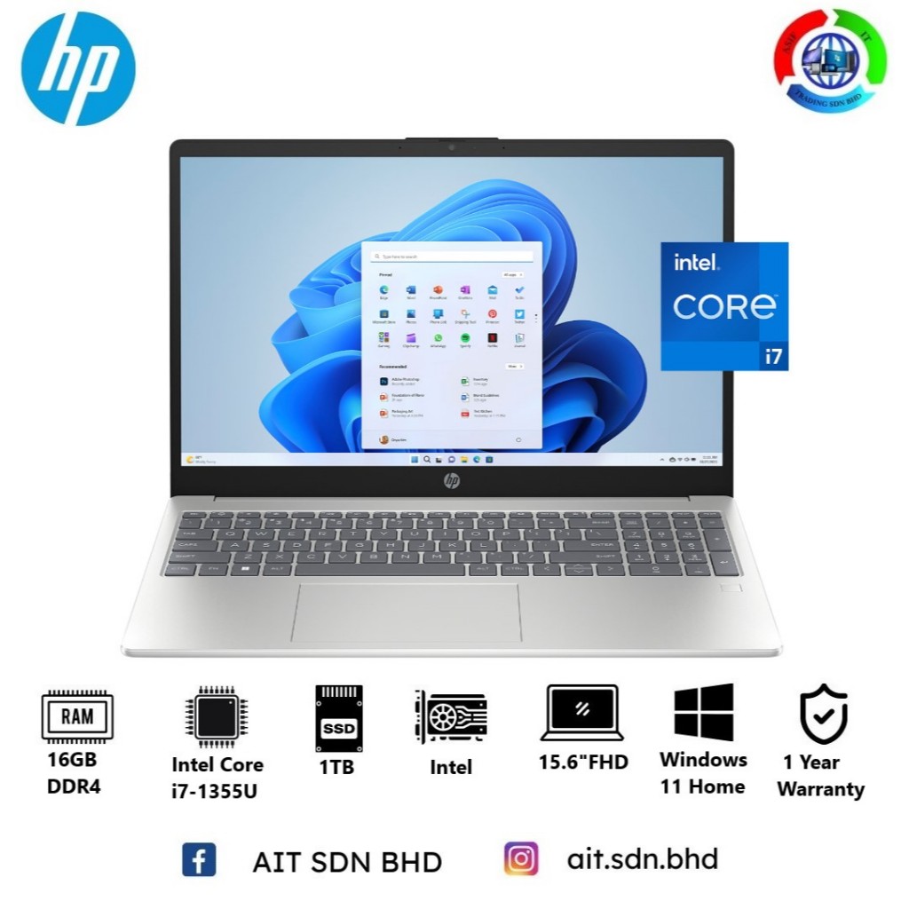 HP 15-fd0182wm 15.6"FHD Laptop Silver Intel Core i7-1355U 16GB 1TB SSD ...