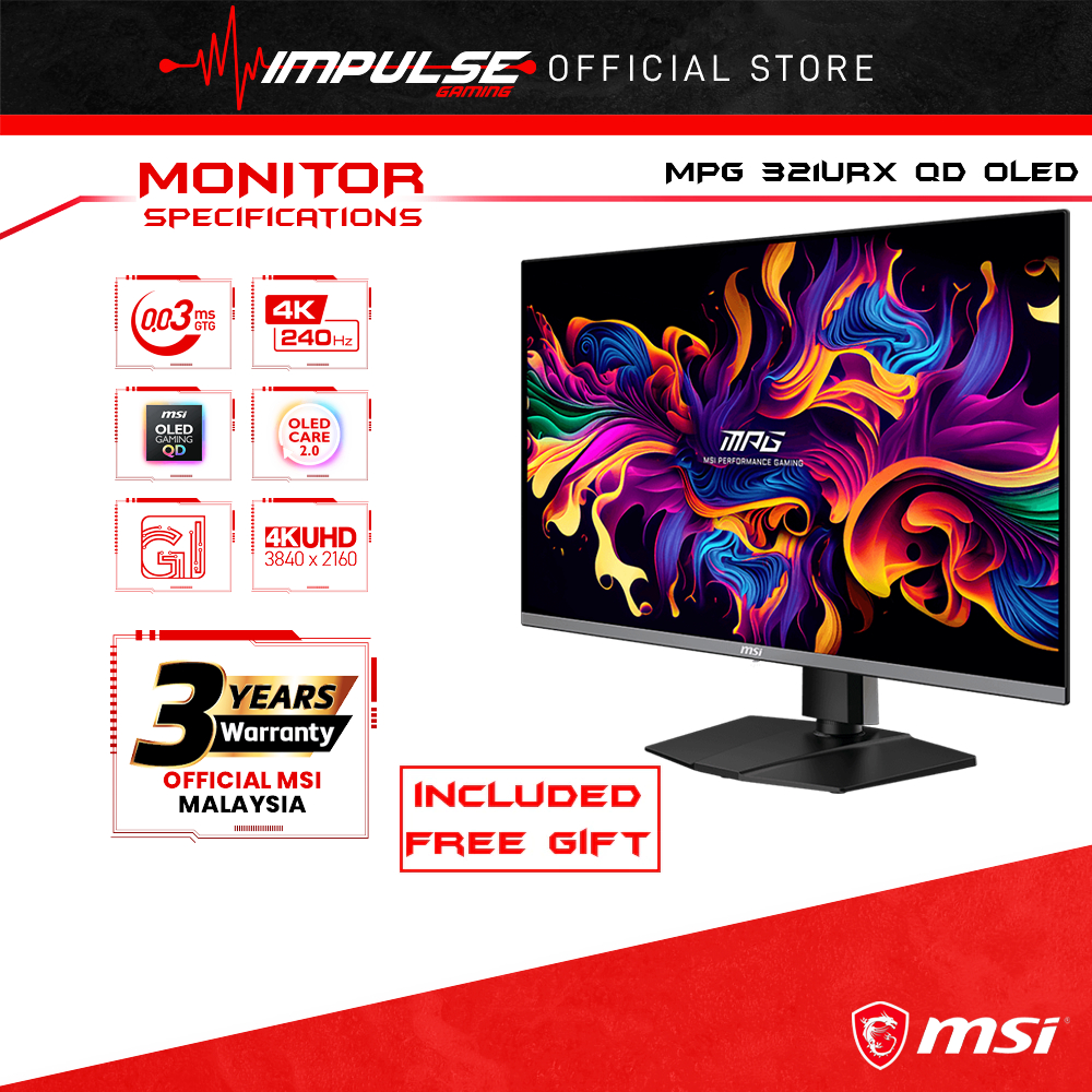 MSI MPG 321URX QD-OLED Gaming Monitor - (3840x2160 UHD) 32-inch, 4K UHD, 240Hz Refresh Rate, 90W ...