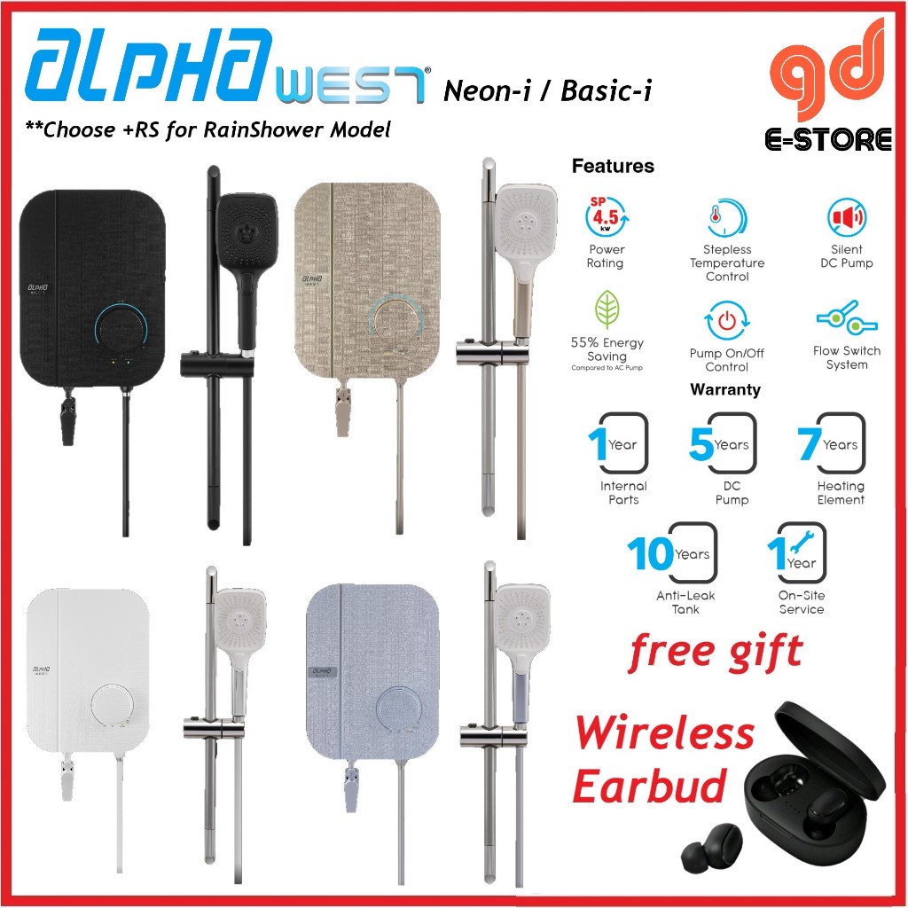 ALPHA WES7 B-i N-i Instant Water Heater DC Pump 4.5kW Basic Neon Rain ...