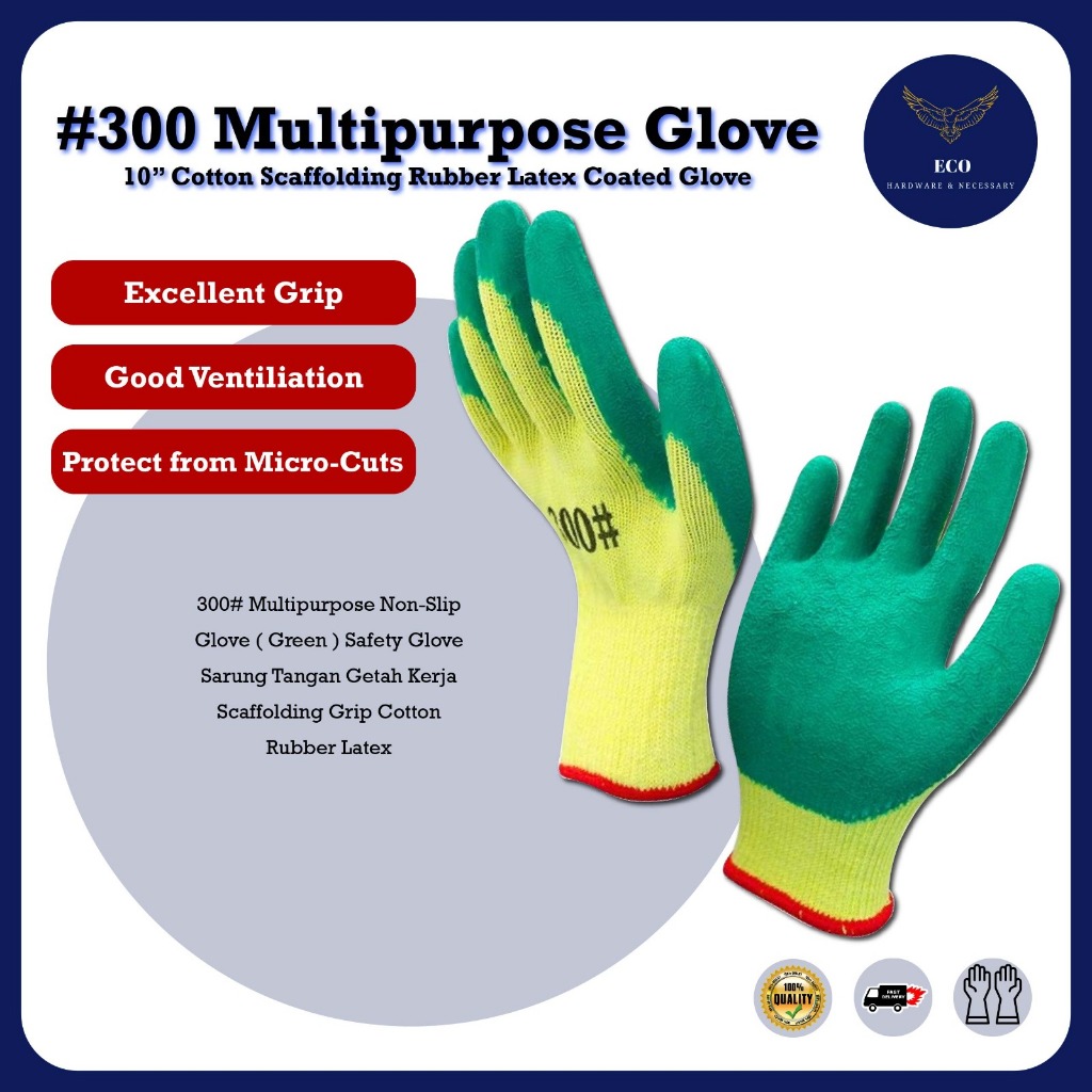 300# Safety Glove Cotton Scaffolding Rubber Latex Grip Work Glove Getah ...
