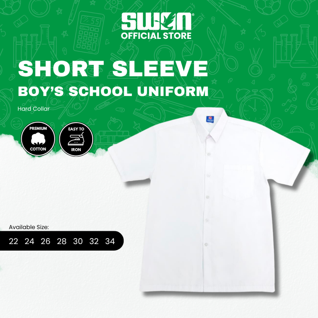 SWAN Premium Primary Hard collar White Shirt Short Sleeve Baju Kemeja ...