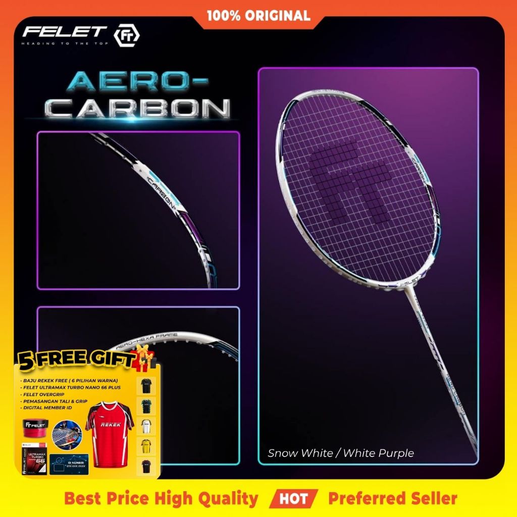 FELET Aero Carbon Pro Badminton Racket Original FELET Pakej Tali + Grip ...