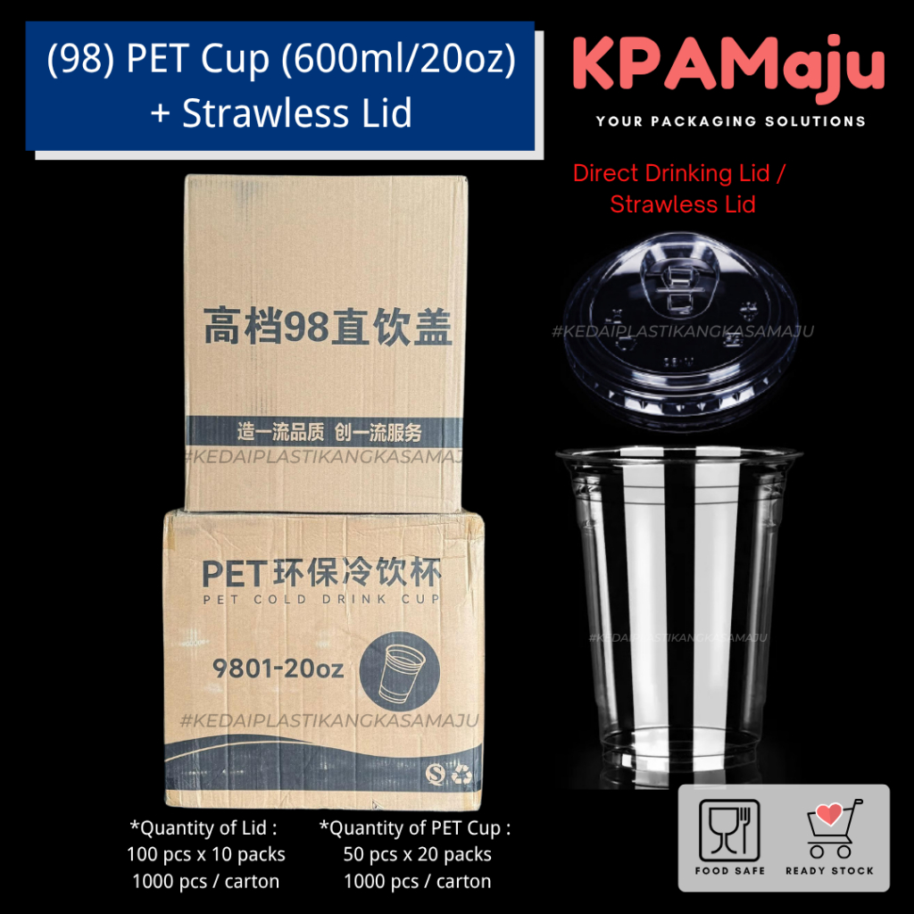 [1000 Sets/carton] (98) 600ml/20oz + Flat / Dome / Strawless Lid - PET ...