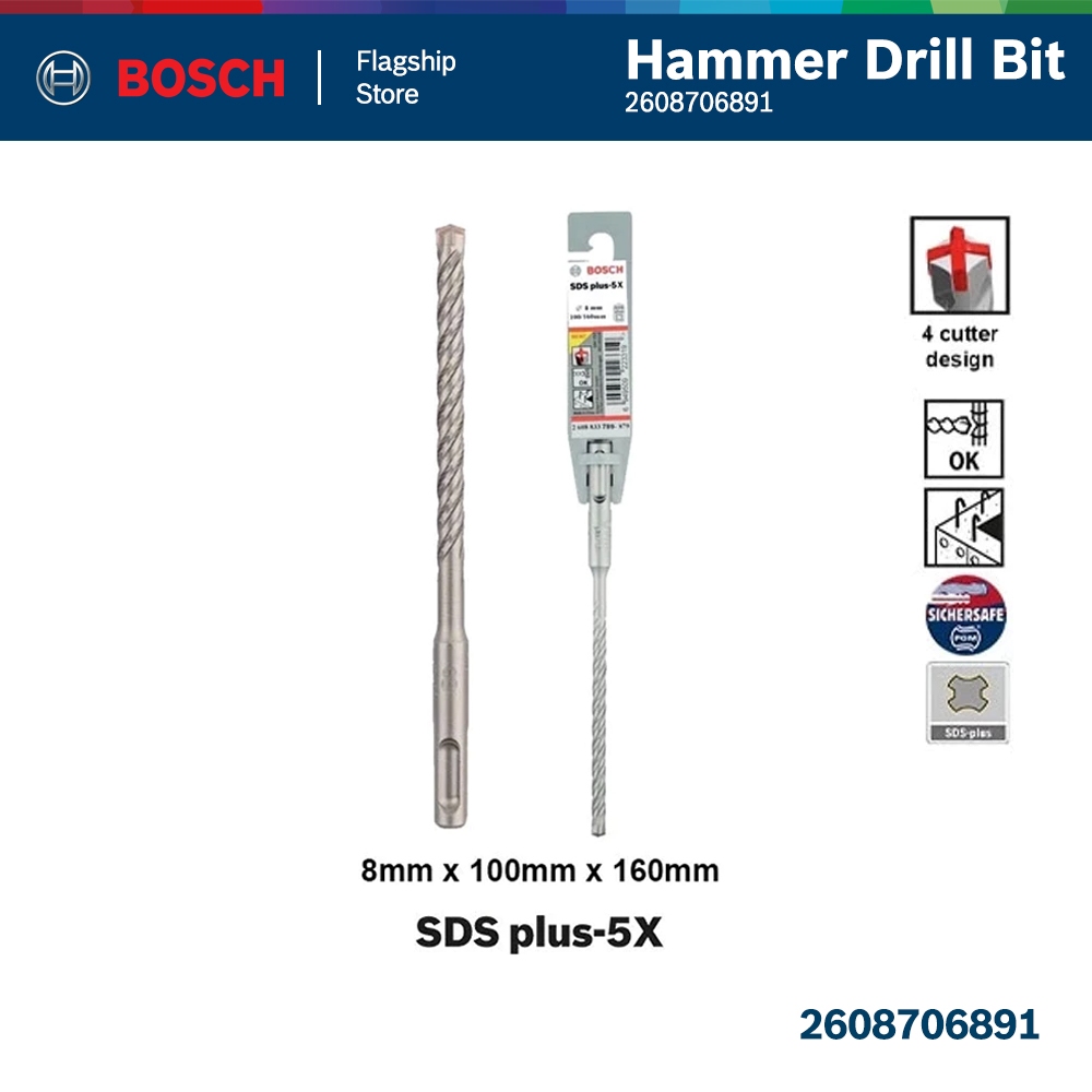 BOSCH SDS-Plus 5X Masonry & Reinforced Concrete Hammer Drill Bit (8 x 100 x 160mm) 2608706891 ...