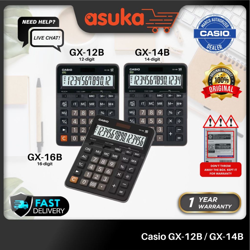 Casio GX-12B 12 Digits / GX-14B 14 Digit / GX-16B 16Digits Extra Large Display Calculator 2 Way ...