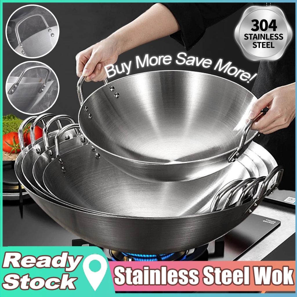 【30cm-55cm】 304 Stainless Steel Kuali Non-stick Wok with Double Ears ...