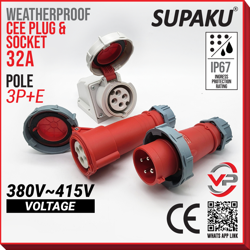SUPAKU CEE 32A 380-415V 3 PHASE 3P+E INDUSTRIAL IP67 RED PLUG & SOCKET MERAH / WALL SOCKET ...