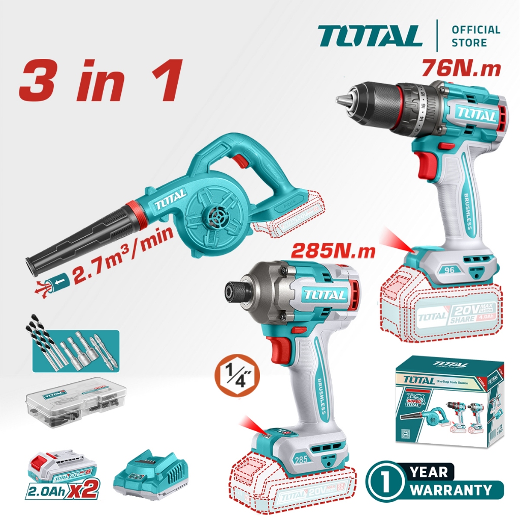 TOTAL Tools 3 Pcs Combo Kit (Impact Drill + Impact Driver + Blower ...