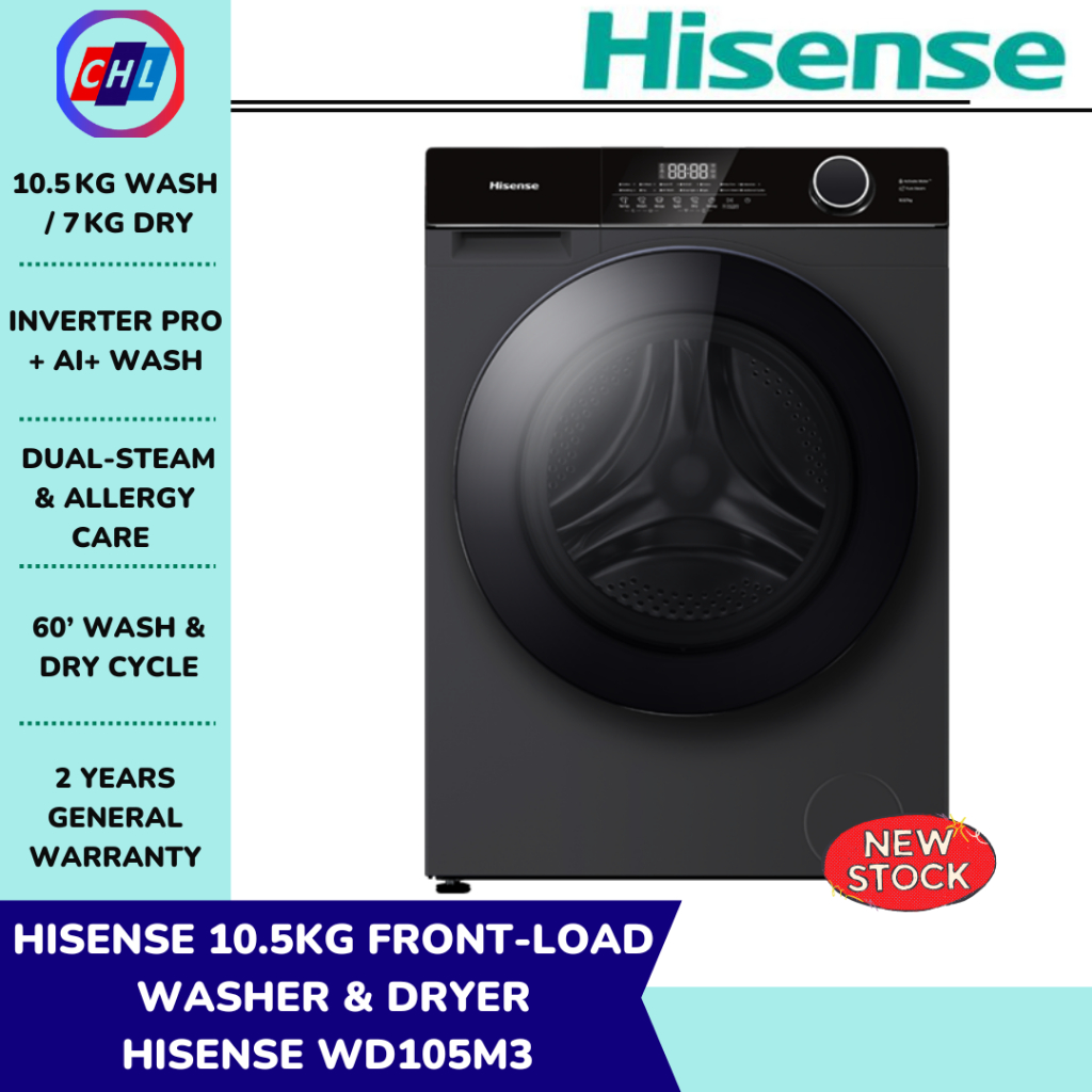 HISENSE WD105M3 10.5KG WASH 7KG DRY FRONT LOAD WASHER DRYER INVERTER ...