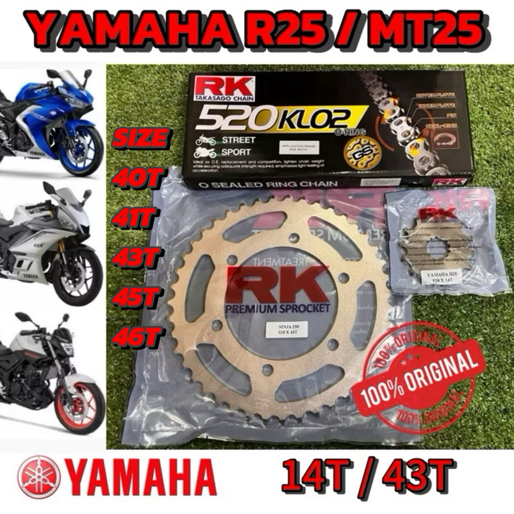 RK SPROCKET SET YAMAHA R25 / MT25 RK 520 TAKASAGO RK 520 KLO2 GS O-RING /GLOD CHAIN 14T 15T 40T ...