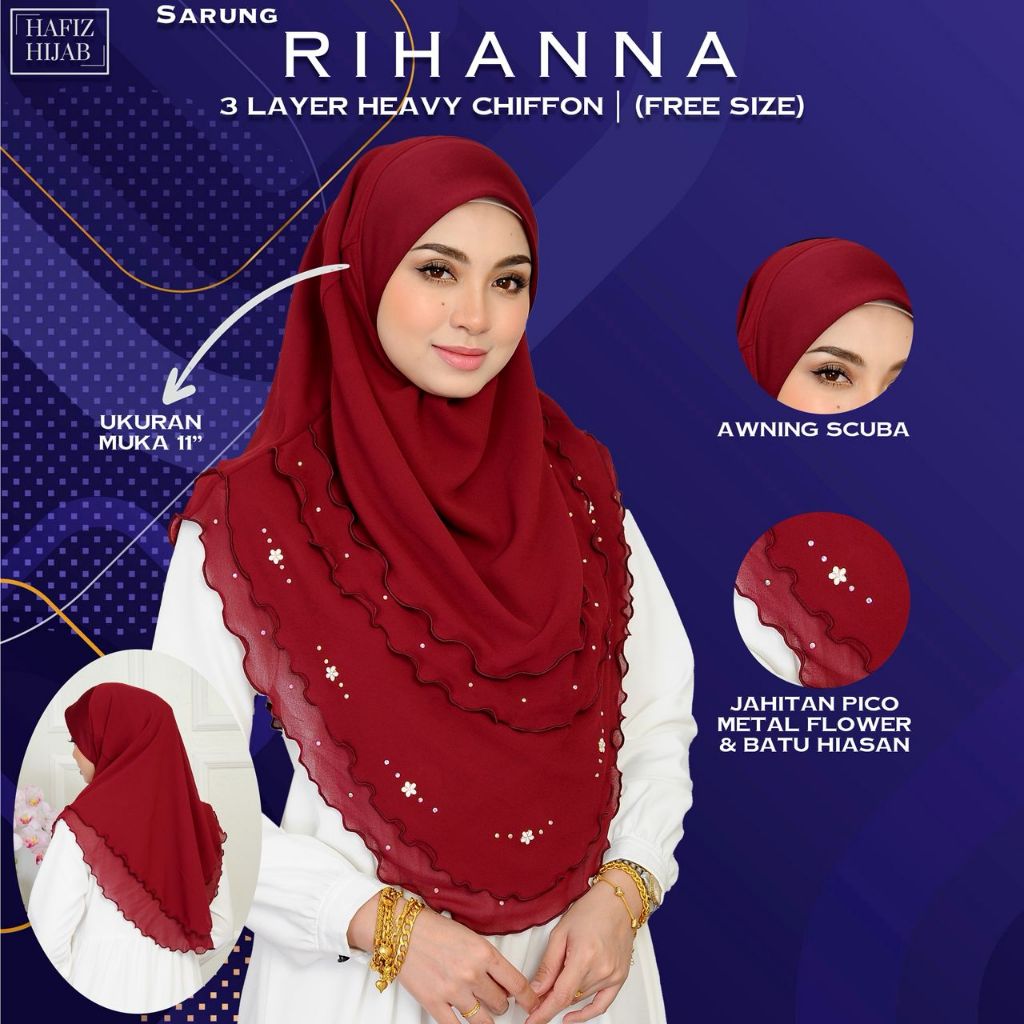 Tudung Sarung Instant Rihana Heavy Chiffon 3 Layer Bersulam Awning ...