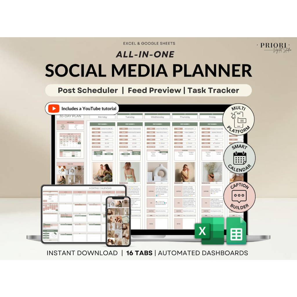 Social Media Content Planner Spreadsheet Monthly Content Calendar ...