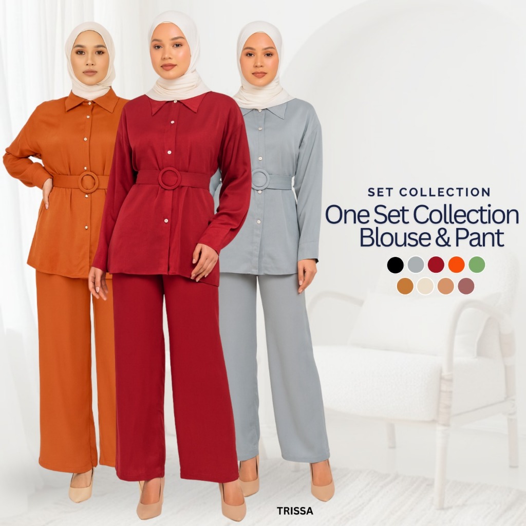 TRISSA : ONE SET COLLECTION BLOUSE & PANT WITH BELT PLAIN COLORS ...
