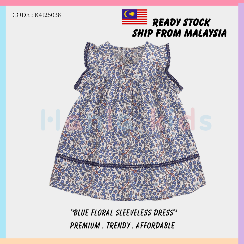Hania Gaun Budak Perempuan Tanpa Lengan Corak Bunga Biru 2 - 8 Tahun ...