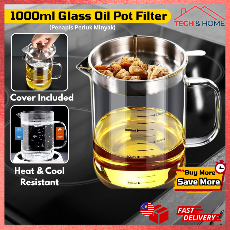 1000ML Oil Pot 304 Stainless Steel Glass Oil Pot with Strainer & Lid ...