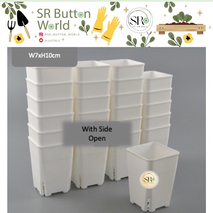 7cm Square Tall Plastic White or Black Pot with Side Opening 黑色方形花盆 ...