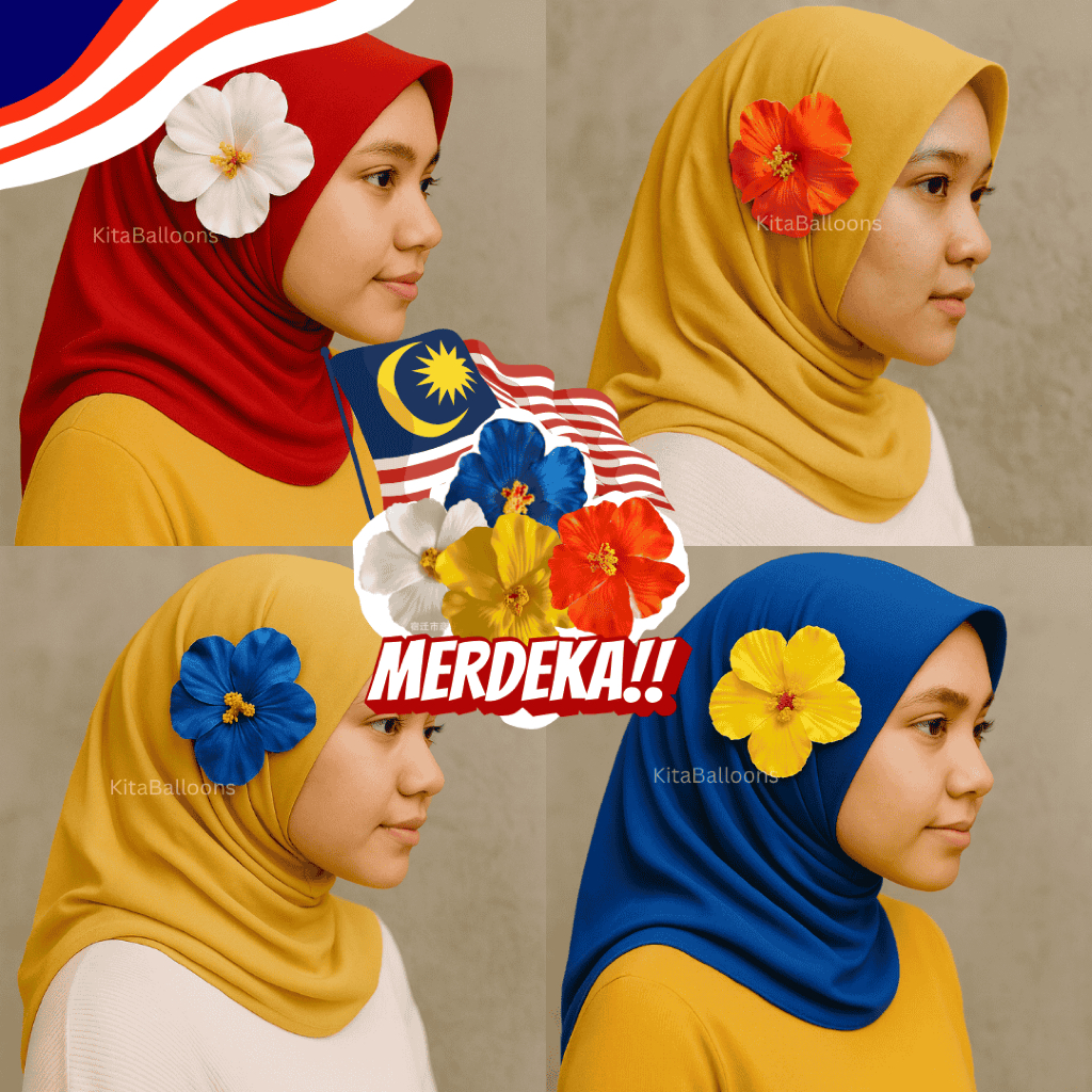 Bunga Raya Merdeka Sanggul Clip Pin Hiasan Hibiscus Hari Malaysia Jalur Gemilang Merah Kuning ...