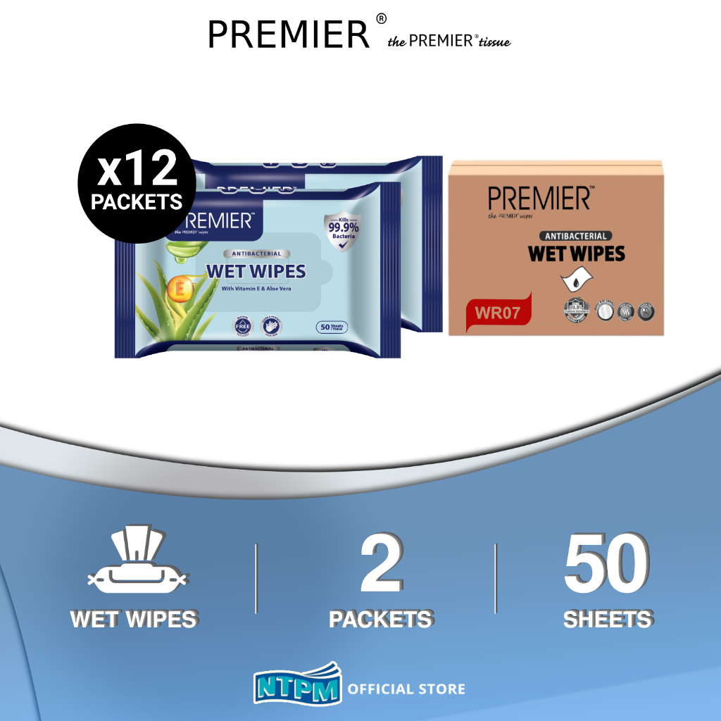 Premier Antibacterial Wet Wipes (50's x 2) x 12 Packets (Carton ...