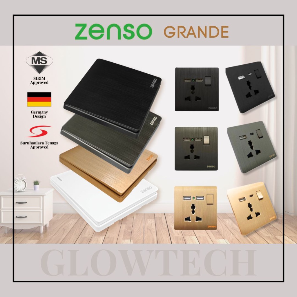 [SIRIM] ZENSO GRANDE Switches Socket Modern Black / Hairline / Gold 13A ...