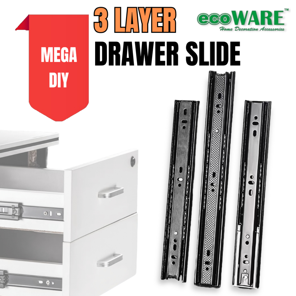 [1 PAIR] ECOWARE 3 Layer Drawer Slide Self Closing Cabinet Drawer ...
