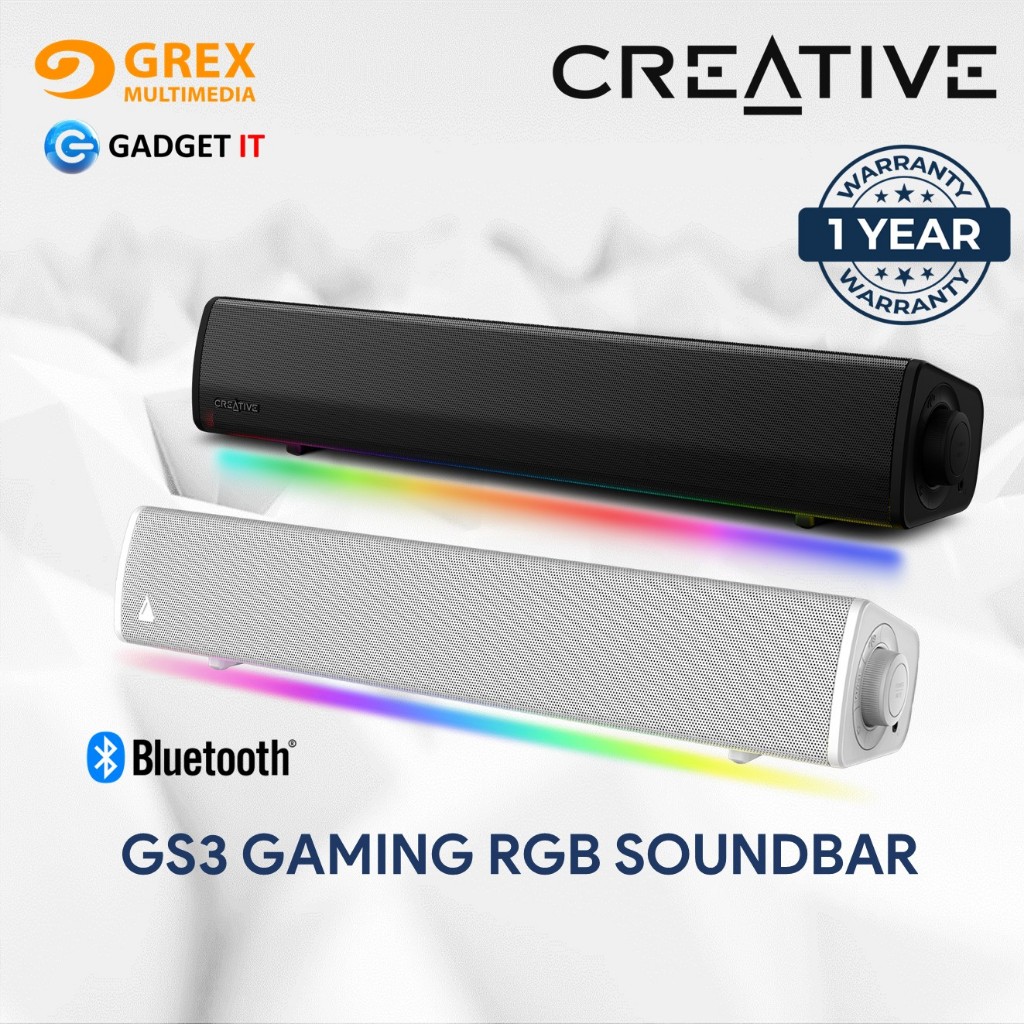 CREATIVE GS3 - RGB GAMING UNDER-MONITOR SOUNDBAR | BLACK / WHITE | BLUETOOTH / USB / AUX ...
