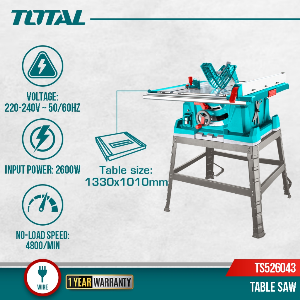 TOTAL Table Saw (2600W) + Table size:643mmx549mm + 4-leg steel stand ...