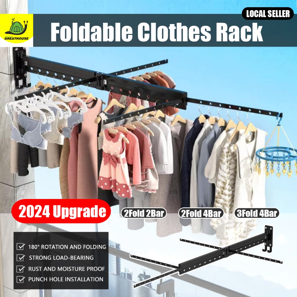 🇲🇾 NEW Multiholes Balcony Wall Mounted Retractable Foldable Clothes ...