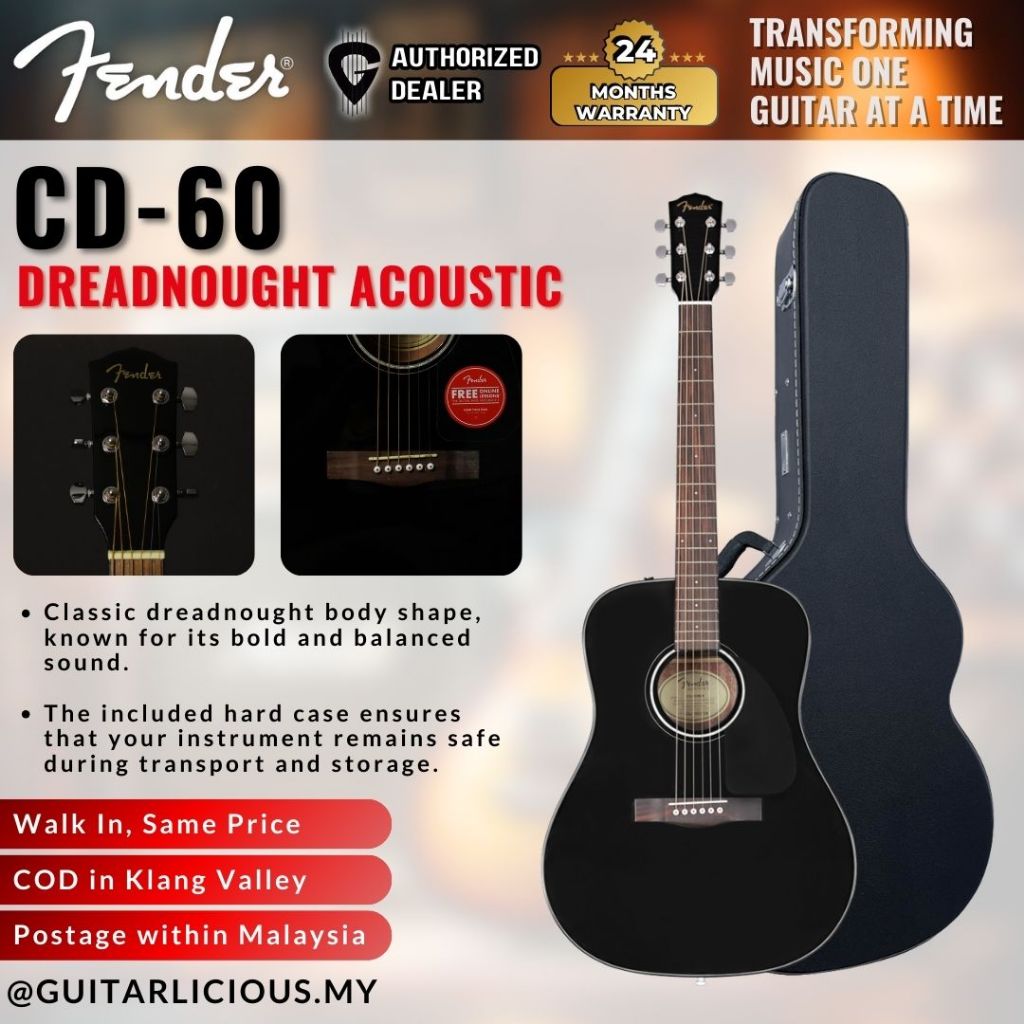 Fender CD-60 Dreadnought V3 Acoustic Guitar w/case, Walnut FB , Black ( CD60 / CD 60 / CD60-BK ...