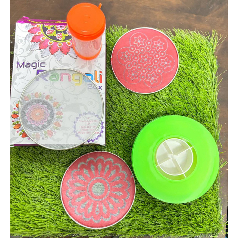 MAGIC RANGOLI BOX (10cm) 1 filler 2 stencil 1 plain stencil 1 magic box ...