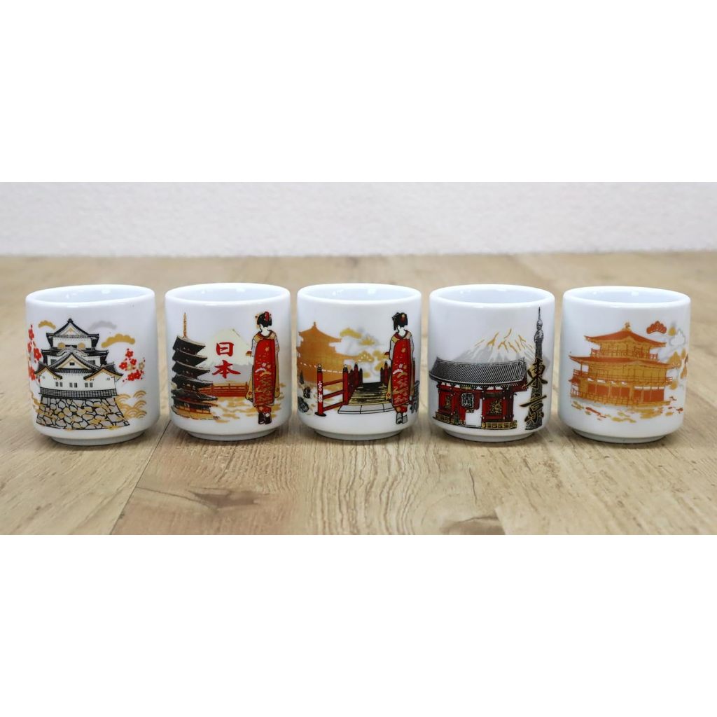 Set of 5 sake cups (new) with designs of Japan's most famous tourist ...