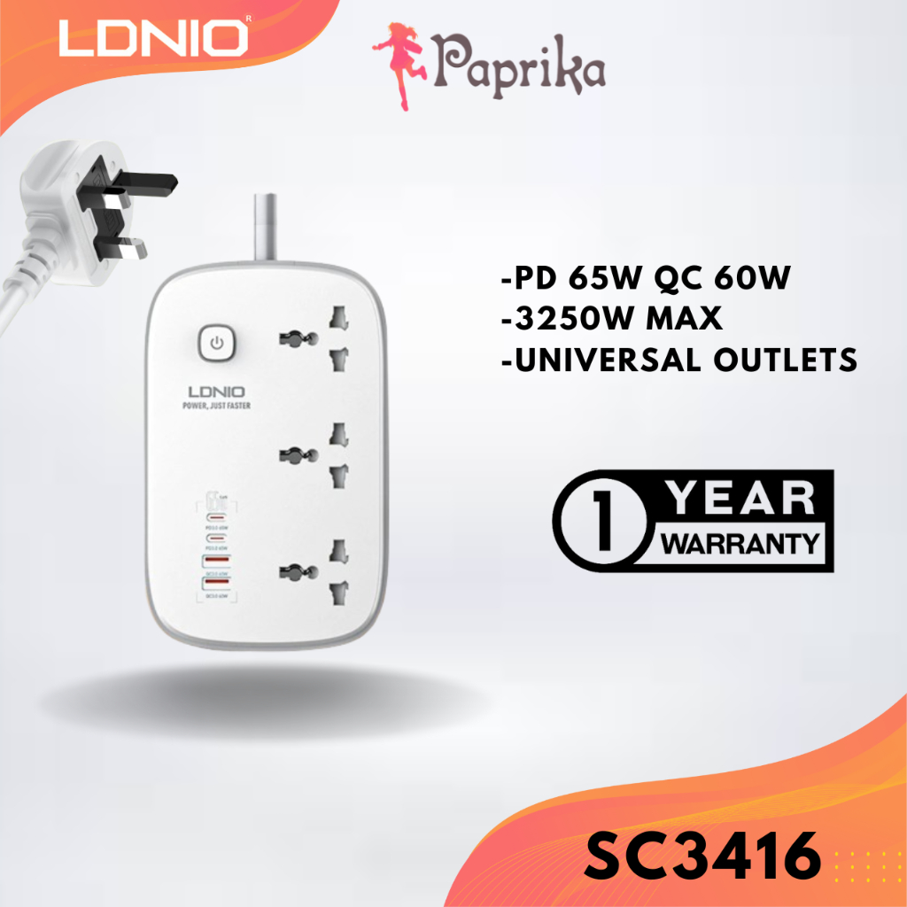 LDNIO SC3416 Power Strip 3250W 3 Universal Socket GaN Charger 2 PD 65W ...