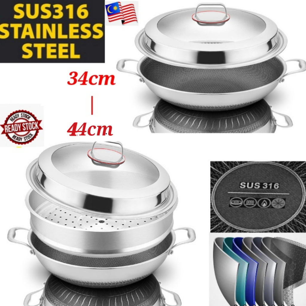 KATA SUS316 Stainless Steel Honeycomb Pan Non-Stick Wok Steamer With Lid (34-44cm) | Shopee Malaysia