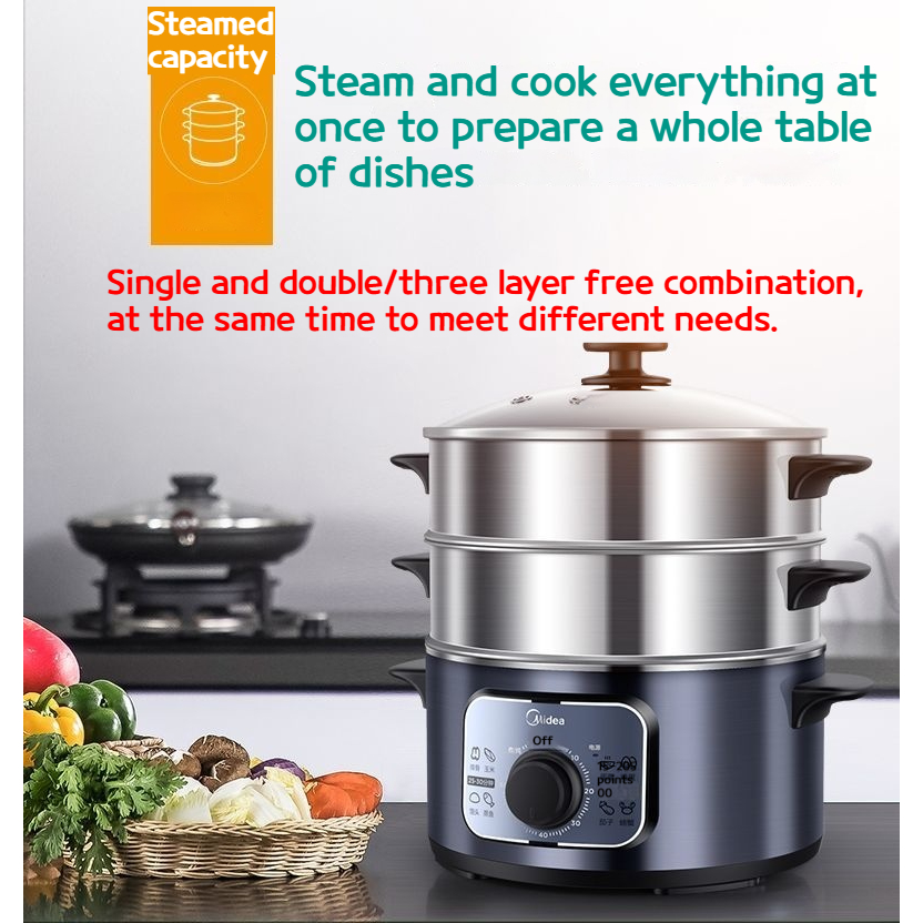 Midea 12.1L Multi-Function Electric Steamer 3-Layer Stainless Steel ...
